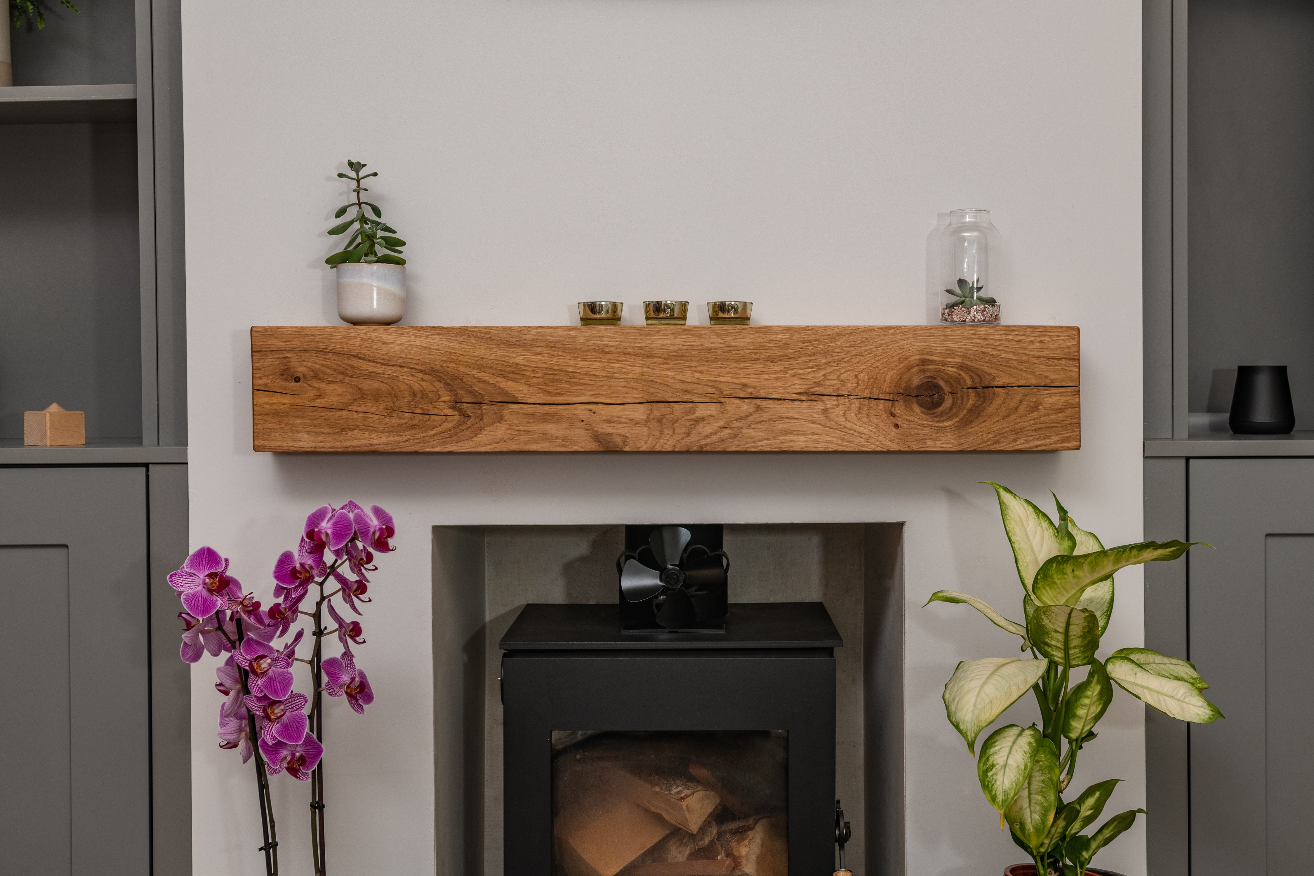 Sleek & Rustic Charm: Modern Oak Fireplace Mantel by Cottage Beam